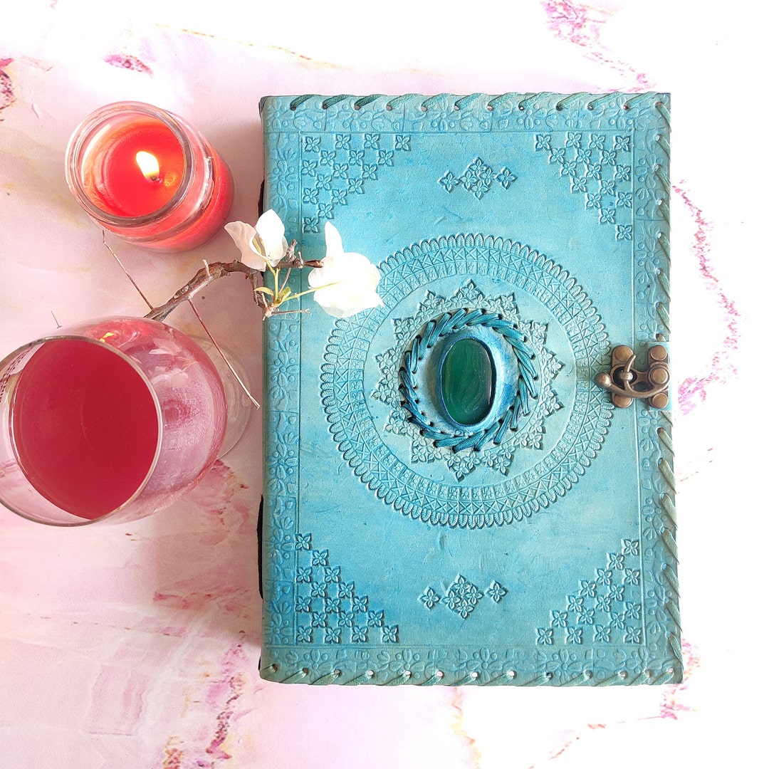 10 Inch Blue Leather Journal Lock, Engraved Grimoire Journal With ...