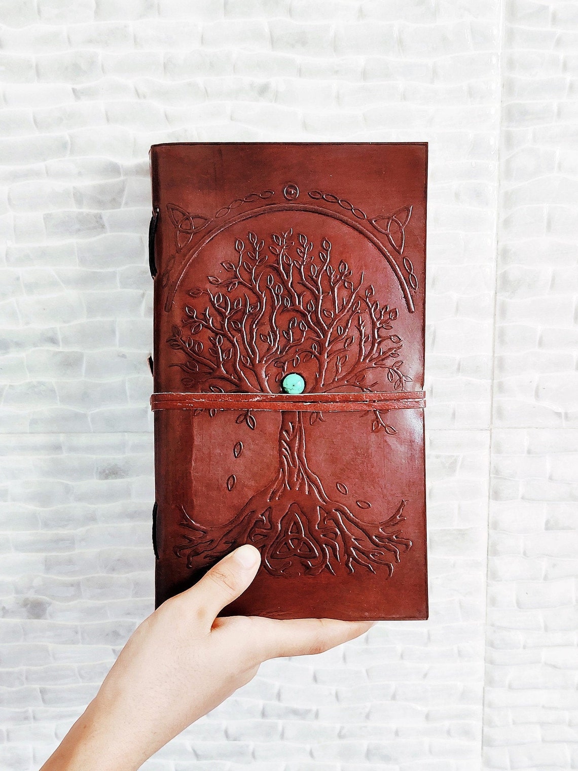 Embossed Tree Leather Journal With Stone Grimoire Journal | Etsy