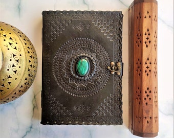 Black Leather Grimoire Spell Book Embossed Journal With Single Stone ...