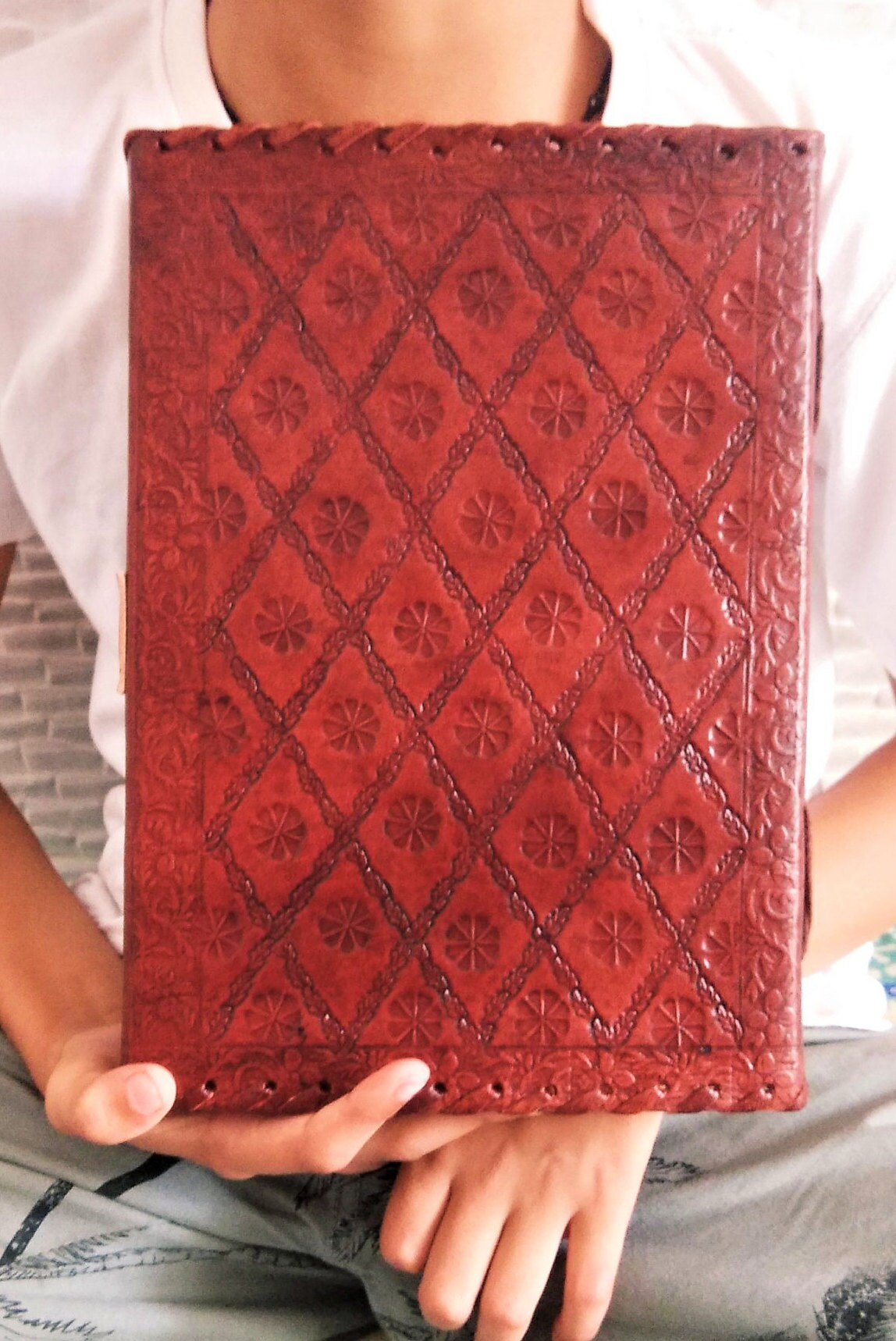 Large Tree Embossed Handmade Leather Journal With Stone Spell | Etsy