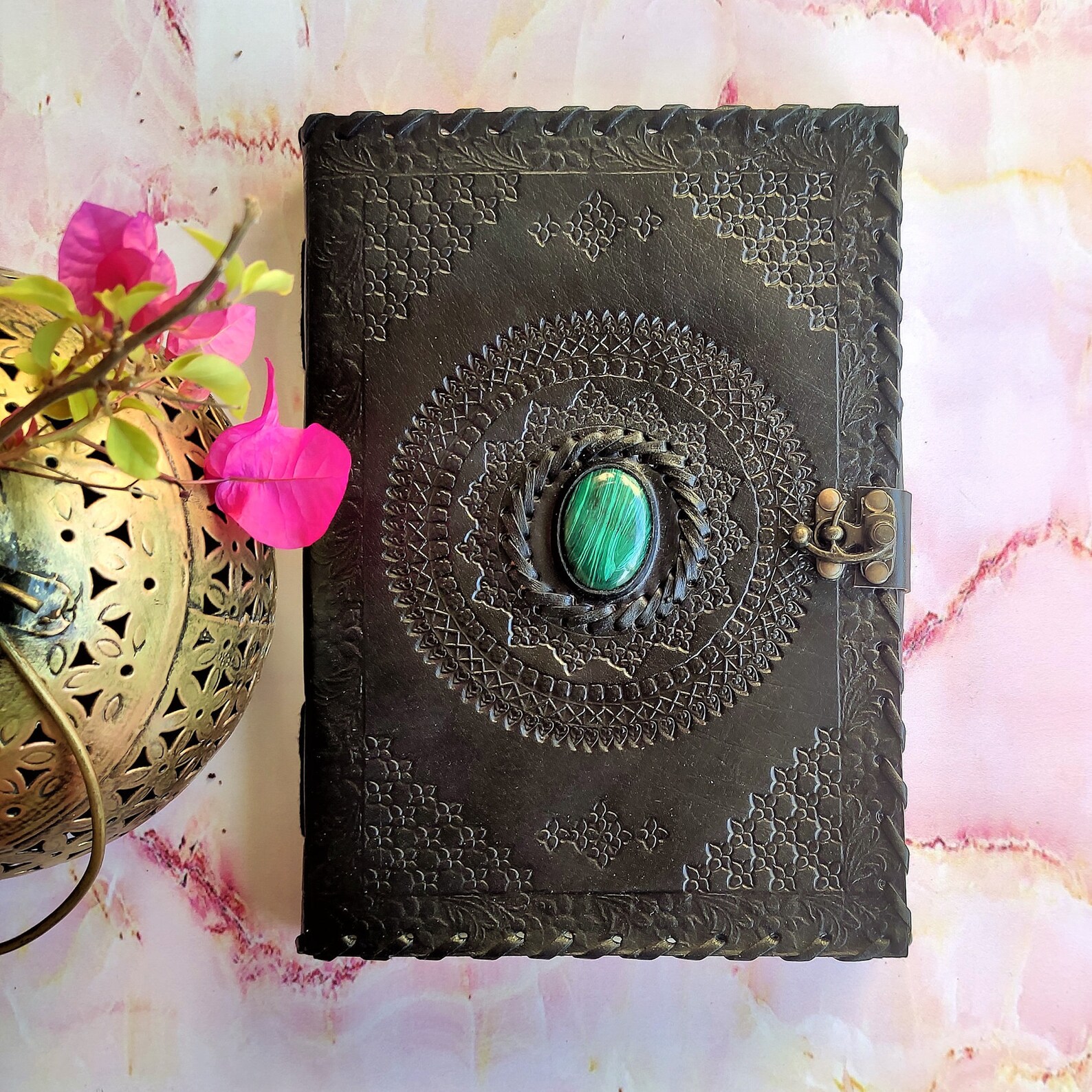 Large Leather Journal With Lock, Embossed Handmade Leather Grimoire ...
