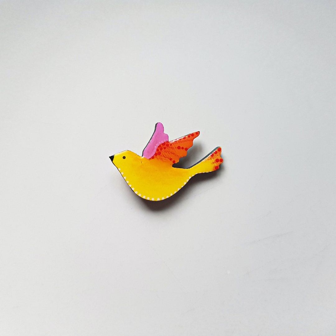 Handmade Yellow Bird Pin, Hand Painted Pigeon Wooden Brooch, Cute Dove ...