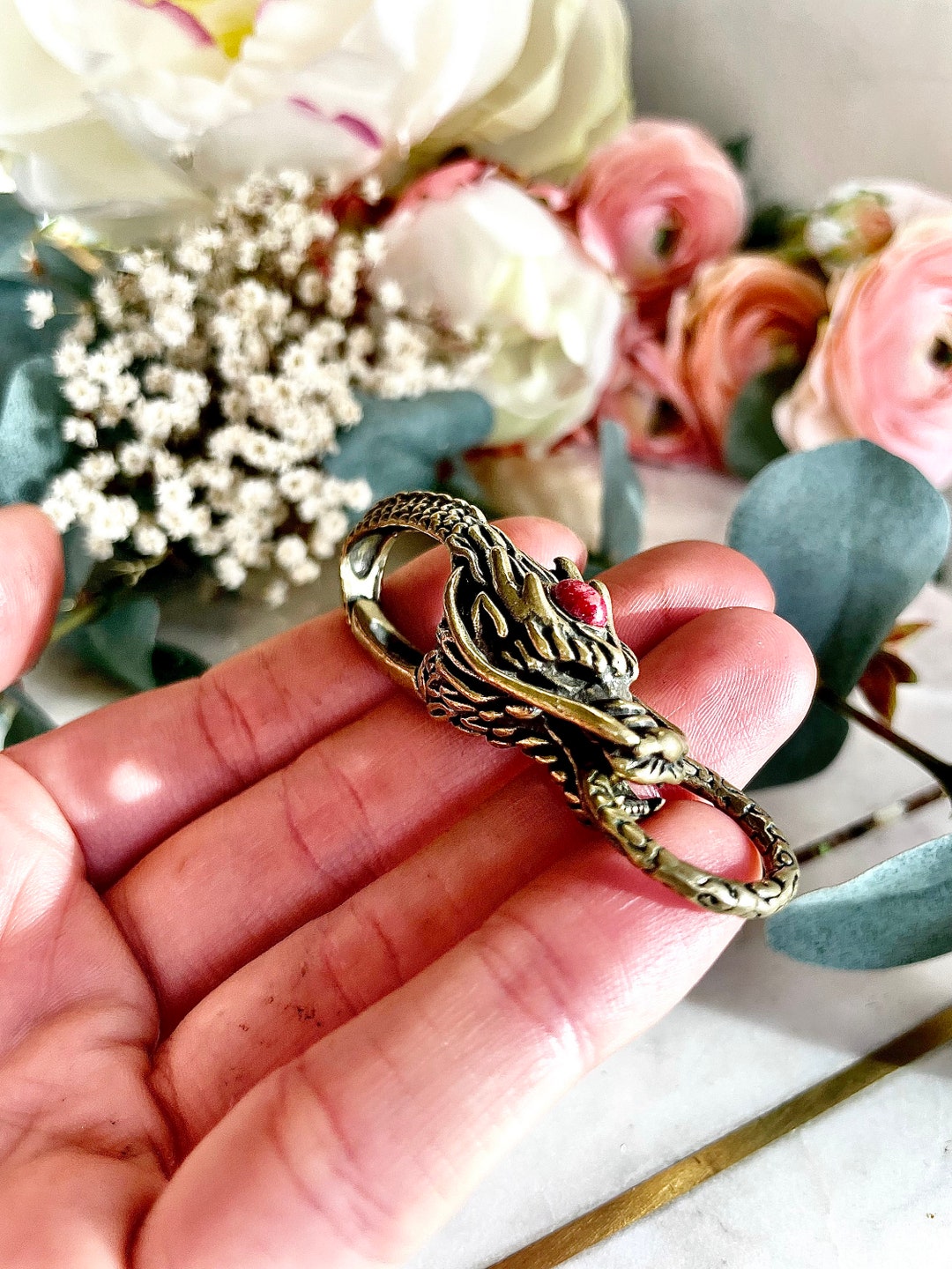 Solid Brass Chinese Dragon With Red Stone Keychain, Brass Dragon Head ...