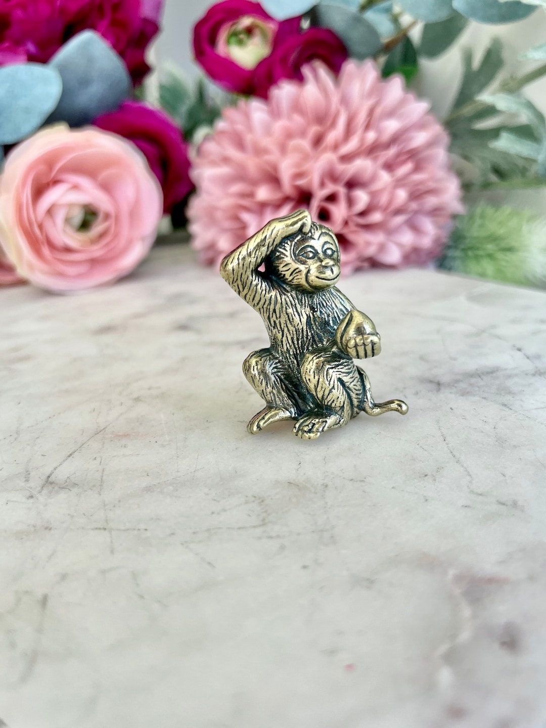Cheeky Monkey With a Peach, Macaque Figures, Metal Monkey Figurine ...