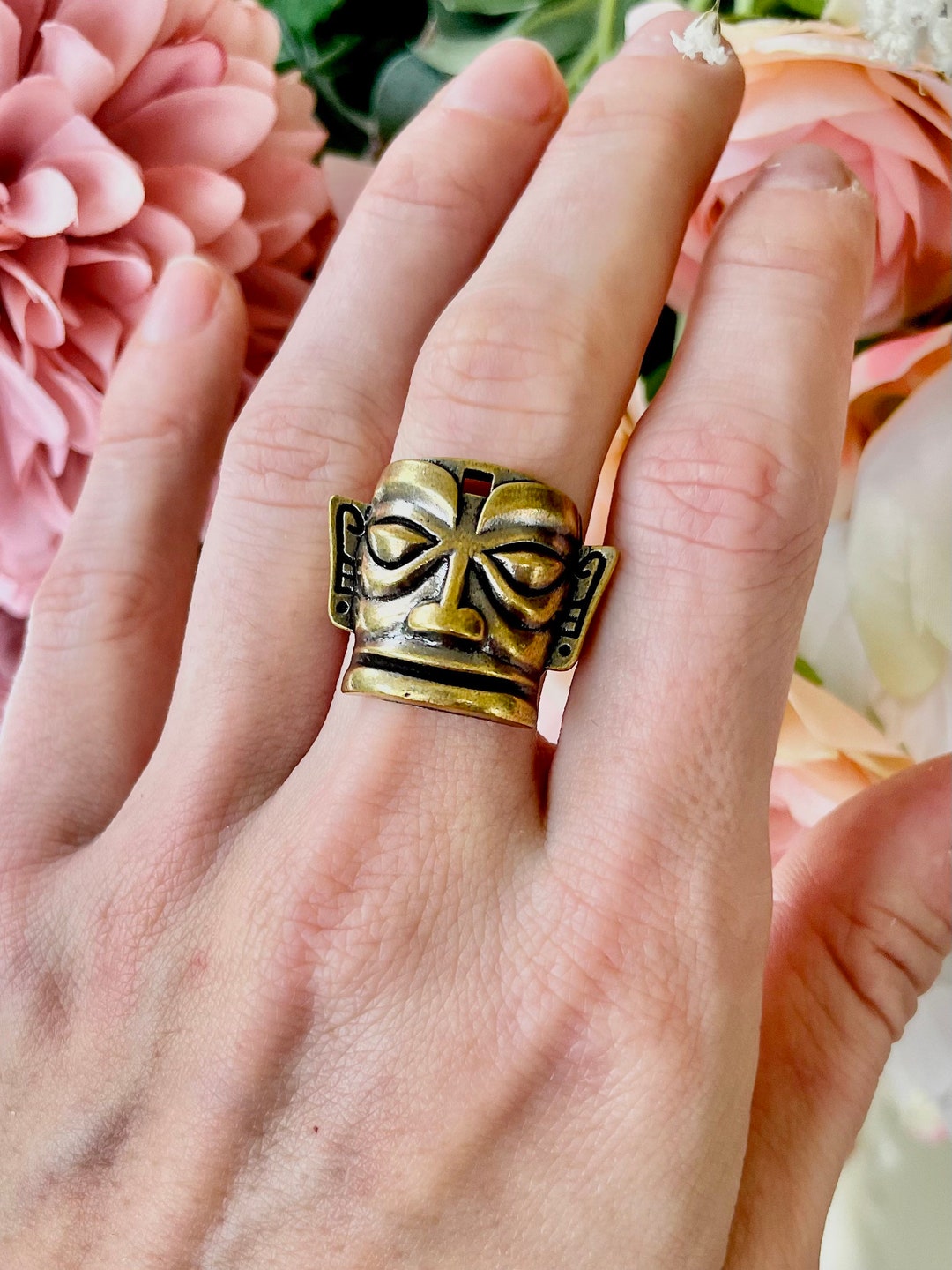 Solid Brass Mayan Aztec Ring, Tribal Idol Jewellery, Native American ...