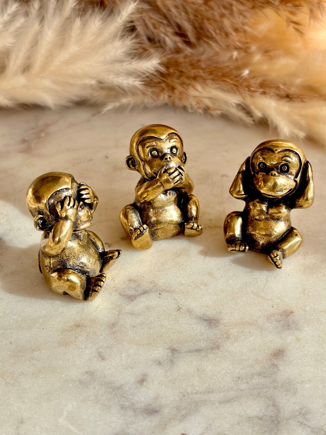 Cute Style Three Solid Brass Monkeys Figurines, Miniature Three Wise ...