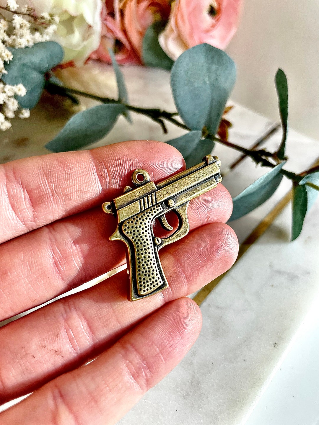 Pistol Pendant Necklace Solid Brass Gun Pendant, Metal Weapon Keychain ...