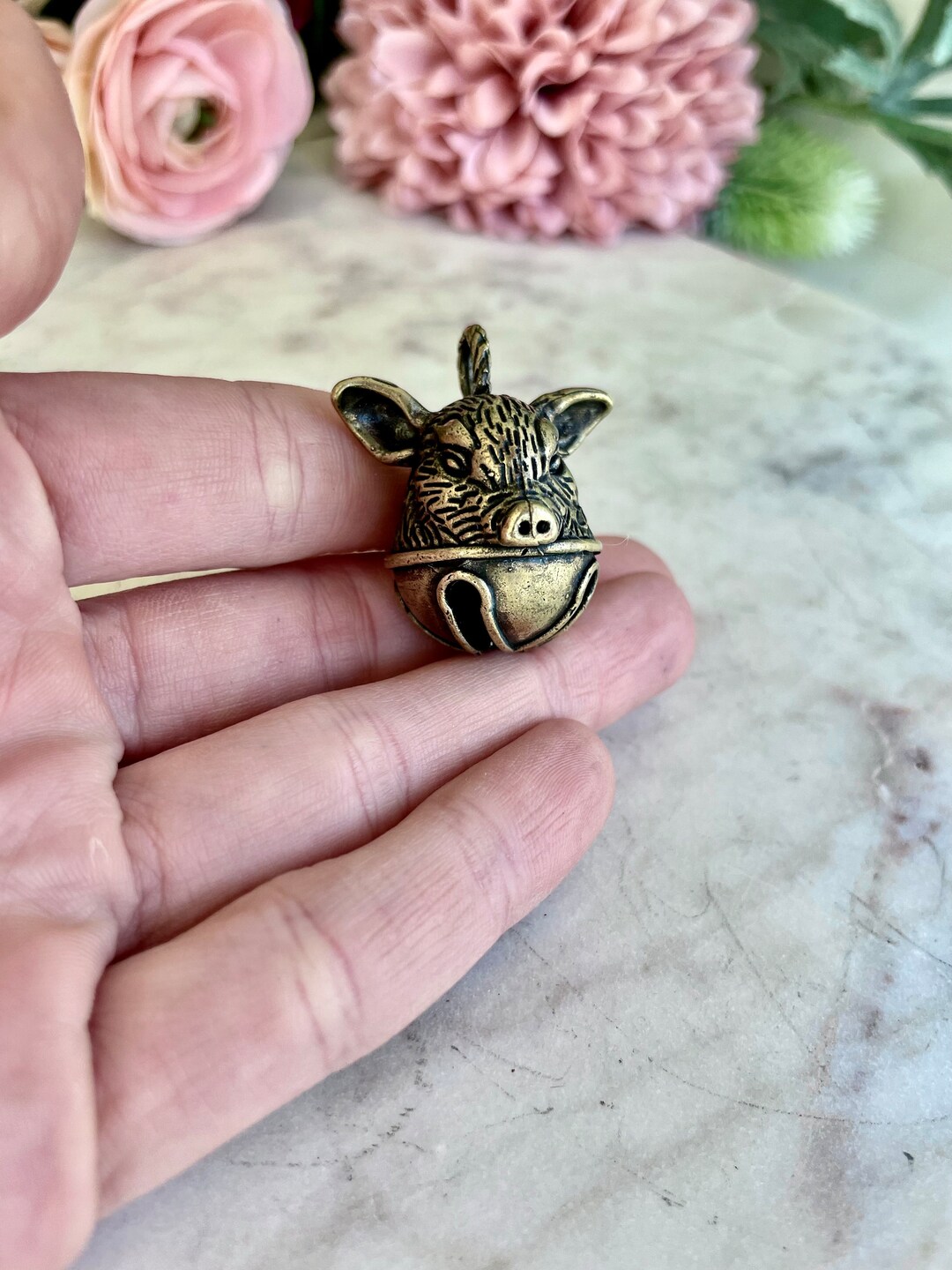 Brass Pig Bell Pendant, Pig Head Ornament, Vintage Style Brass Pig ...