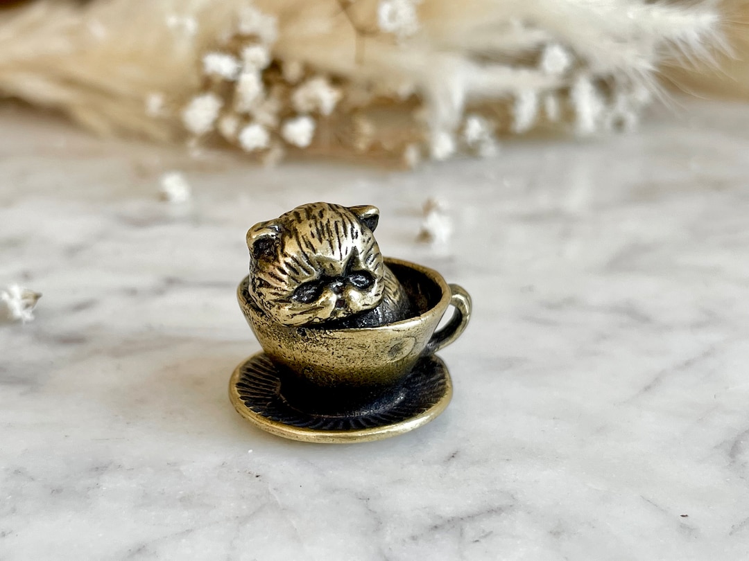 Adorable Solid Brass Kitten in a Cup Statuette, Little Metal Cat ...