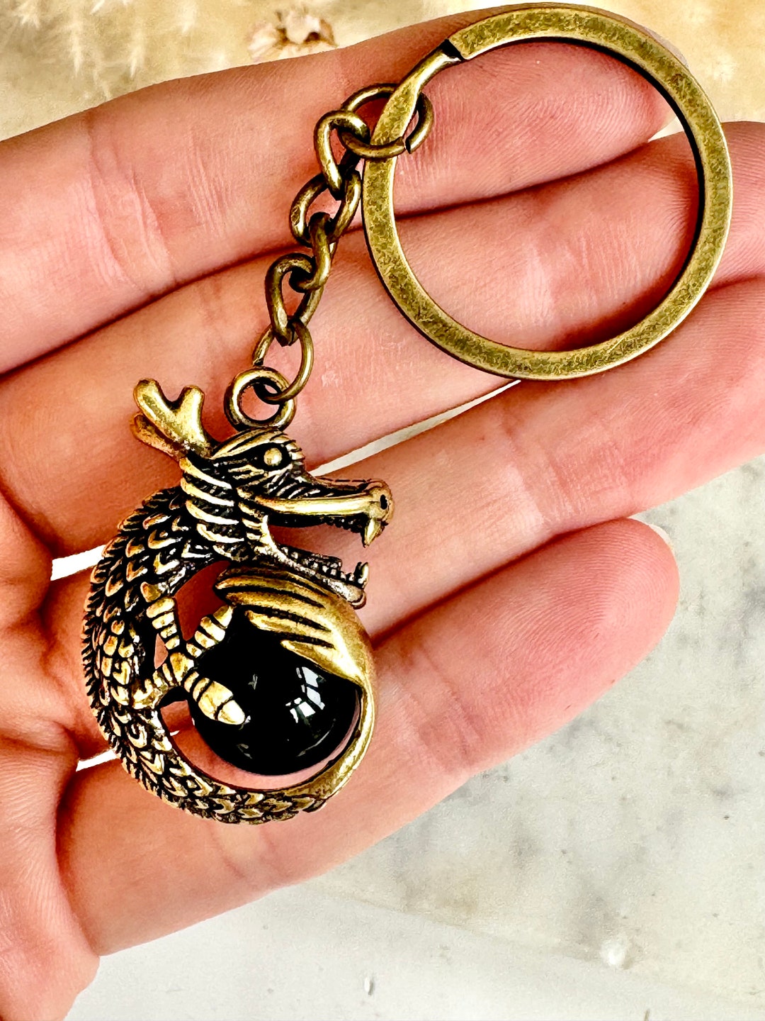 Solid Brass Dragon Holding a Globe Keychain, Brass Dragon Pendant, Fine ...