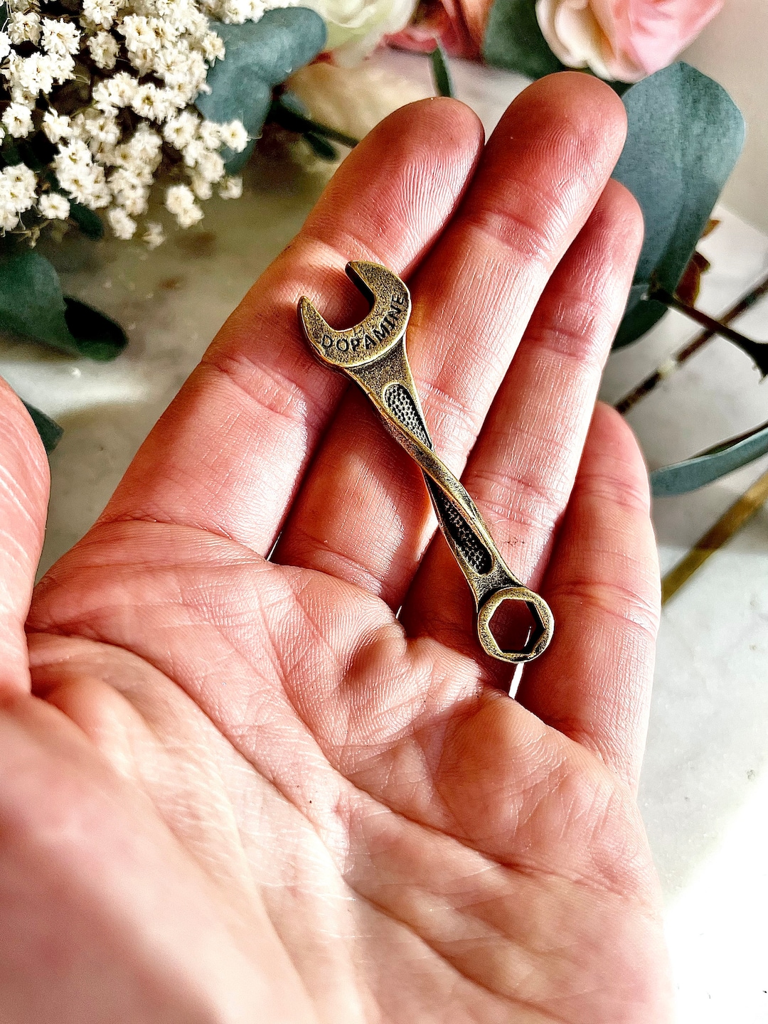 Tiny Dopamine Solid Brass Wrench Key Chain Pendant Handmade Copper Mini ...