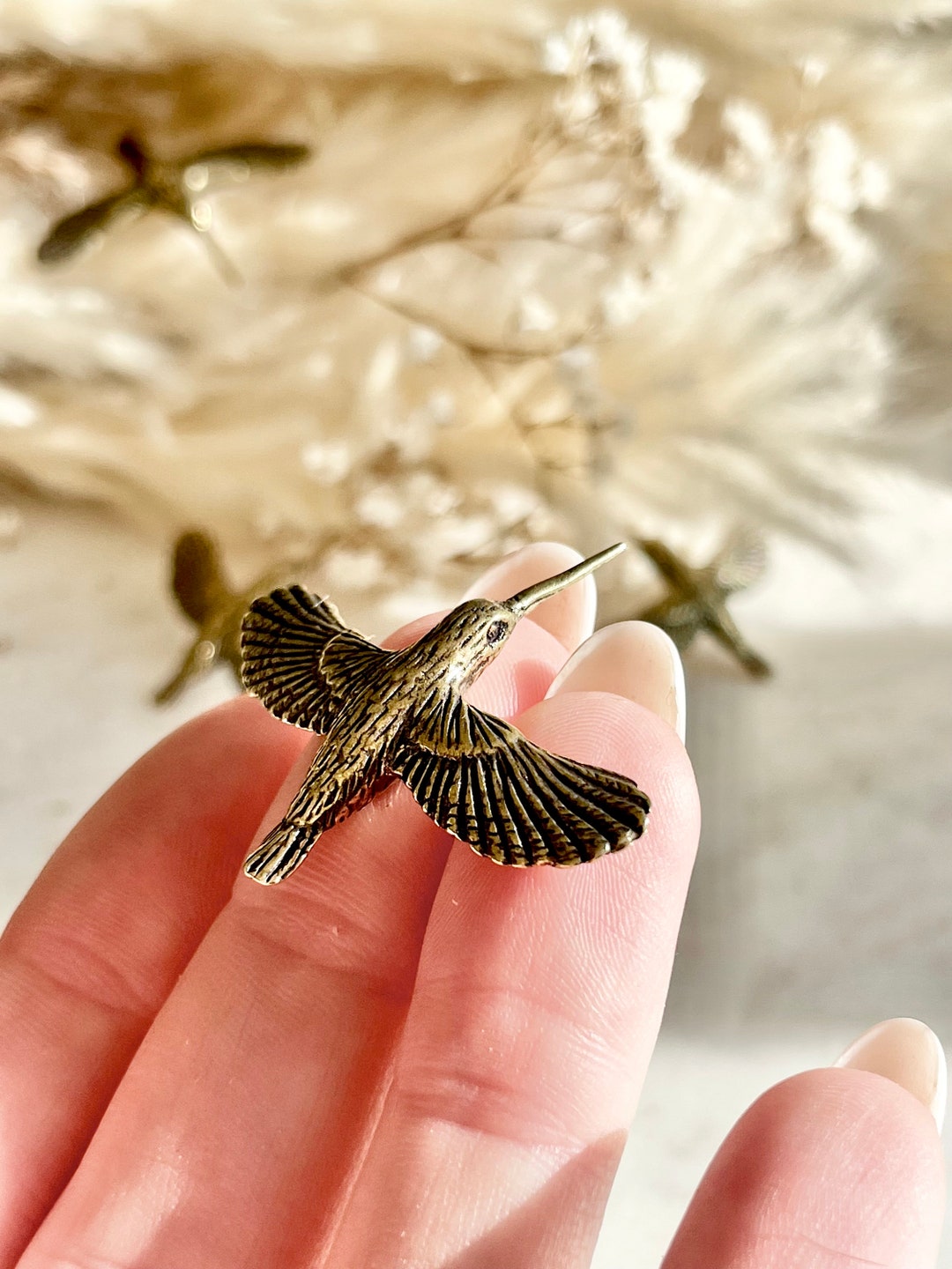 Little Hummingbird Miniature, Solid Brass Flying Bird Figurine, Curious ...