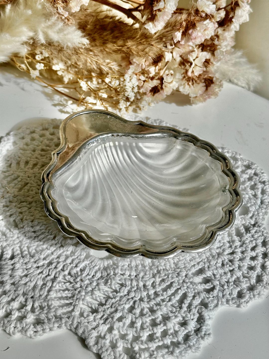 Vintage Silver Plate EPNS Glass Line Shell Butter Dish Antique Silver ...