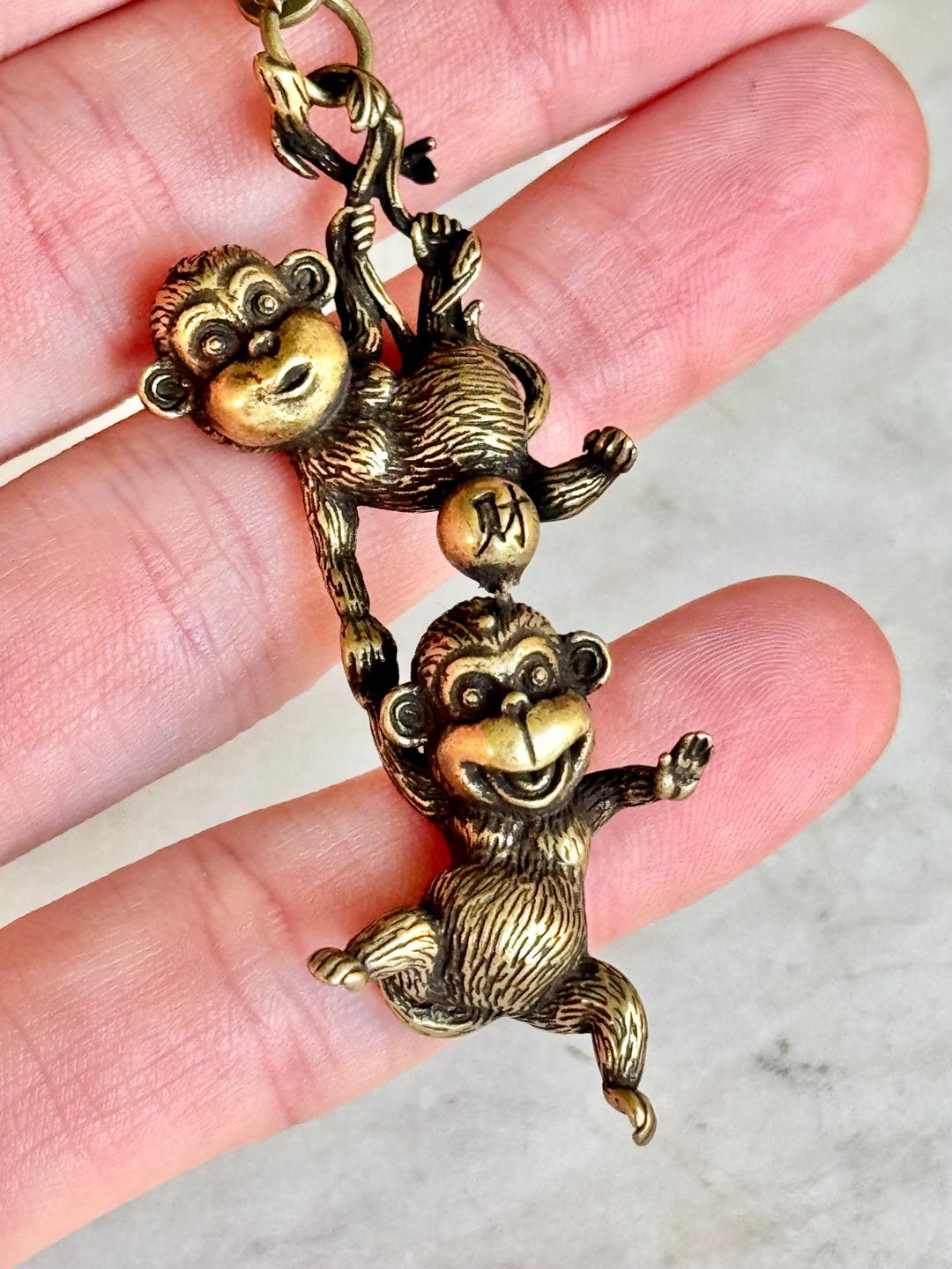 Japanese Style Solid Brass Silly Monkeys Keychain – Two Monkeys Hanging ...