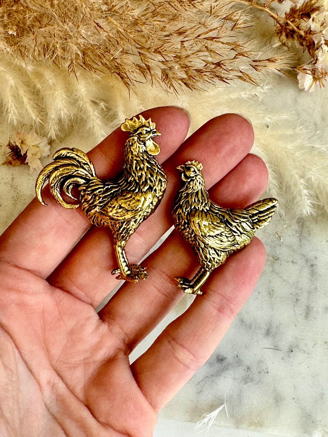 Solid Brass Chicken Family Brass Figurine, Rooster and Hen Miniature, Chicken Decorative Small ...