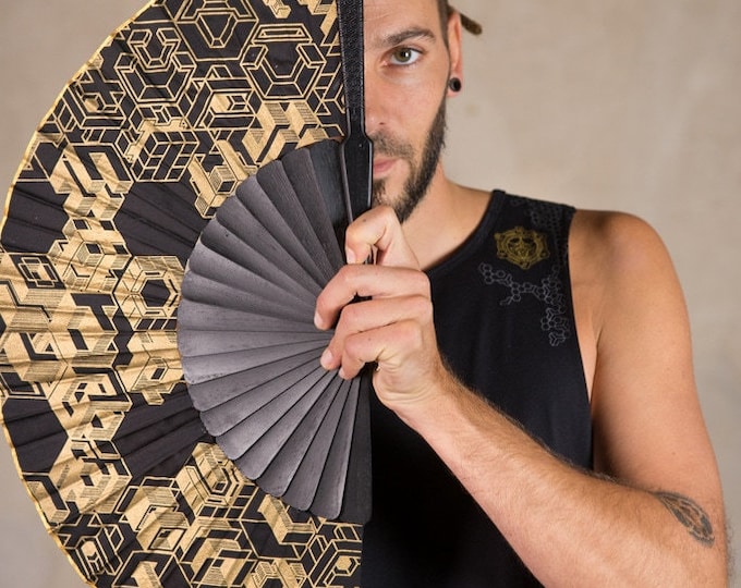 Black Hand Fan Folding Hand Fans With Sacred Geometry | Etsy