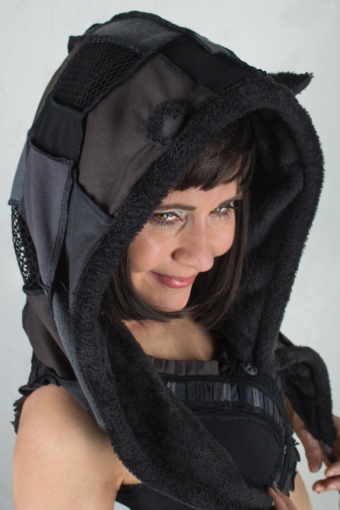 Black Cat Ears Hood With Very Soft Fleece Lining and Skull Cat | Etsy