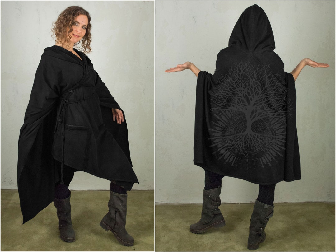 Hooded Druid Wizard Robe Unisex Cape With Yggdrasil Tree Print Hooded ...