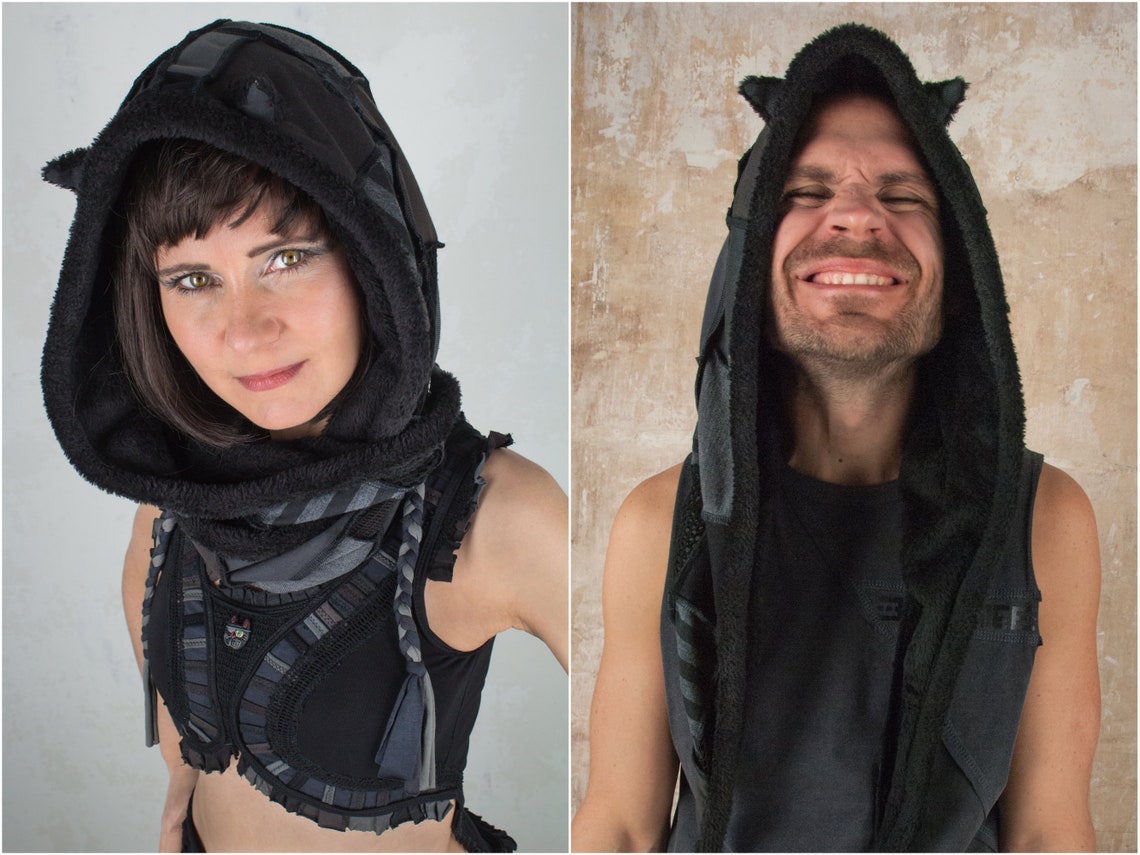 Black Cat Ears Hood With Very Soft Fleece Lining and Skull Cat | Etsy