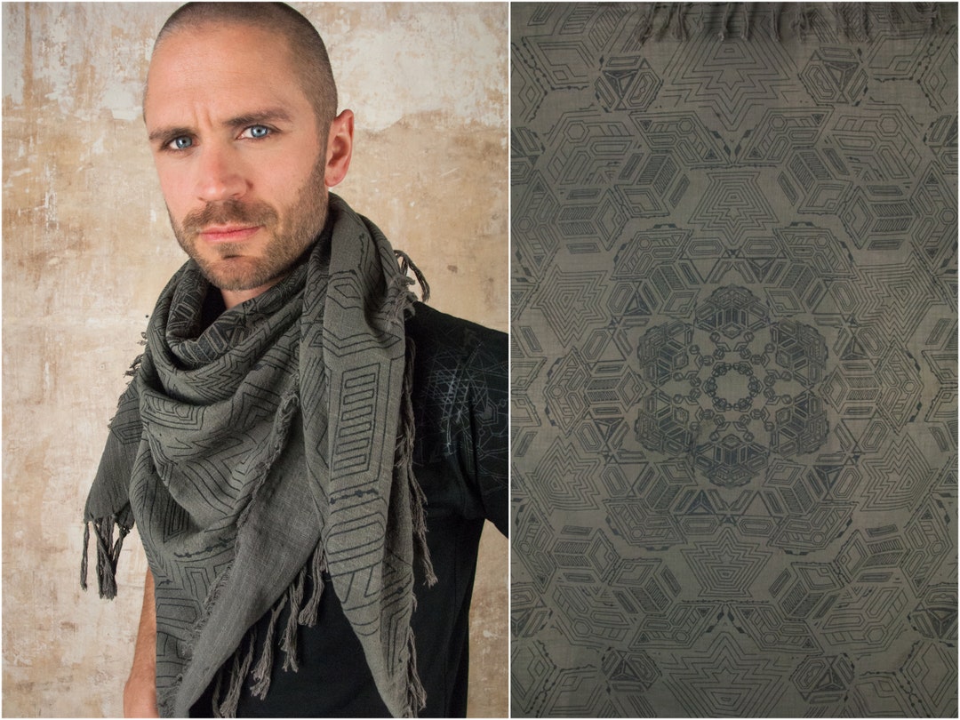 Grey Cotton Linen Scarf, Keffiyeh Shemag Military Shawl With Geometry ...