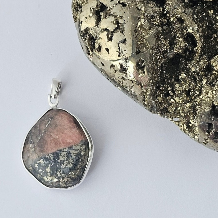 Triplite With Pyrite and Wagnerite Pendant / Sterling Silver / Crown ...