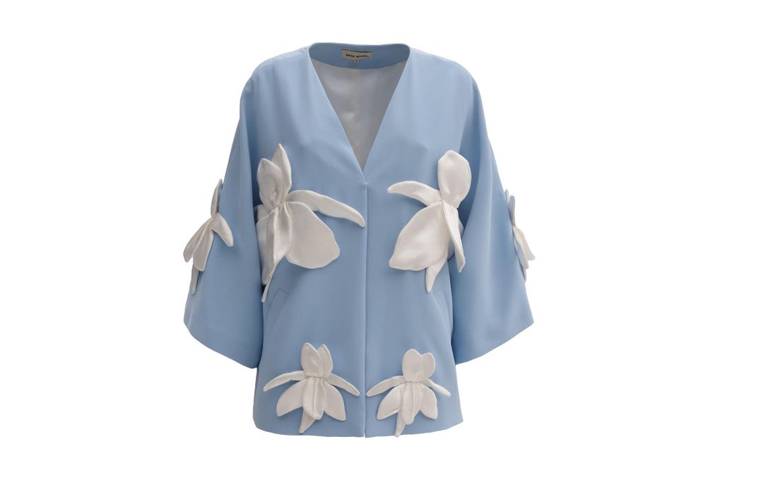 Silk-lined Wrap Jacket With Dropped Sleeves Light Blue / Designer Long ...