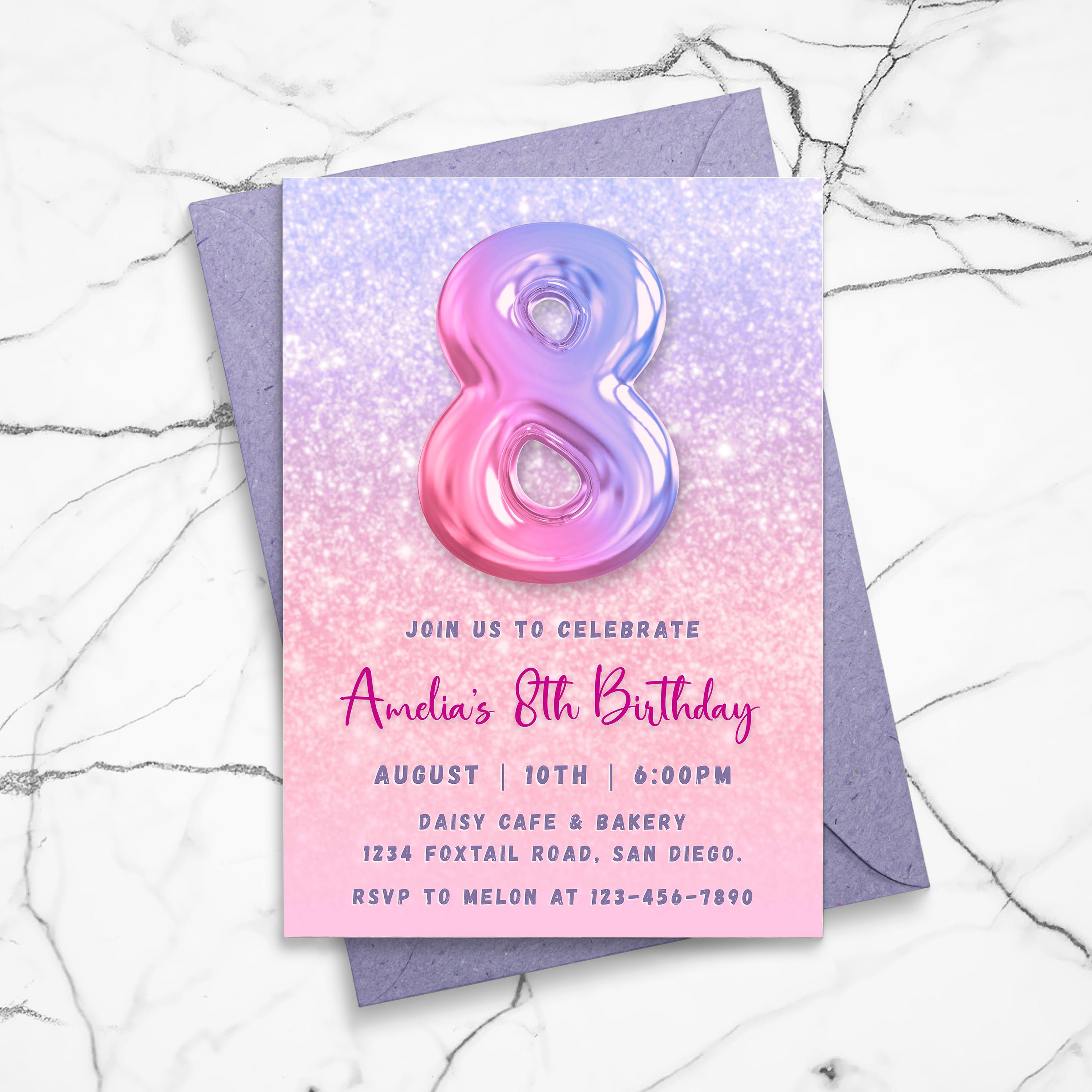 8th Birthday Invitation Card, Glitter Birthday Party Invitation ...