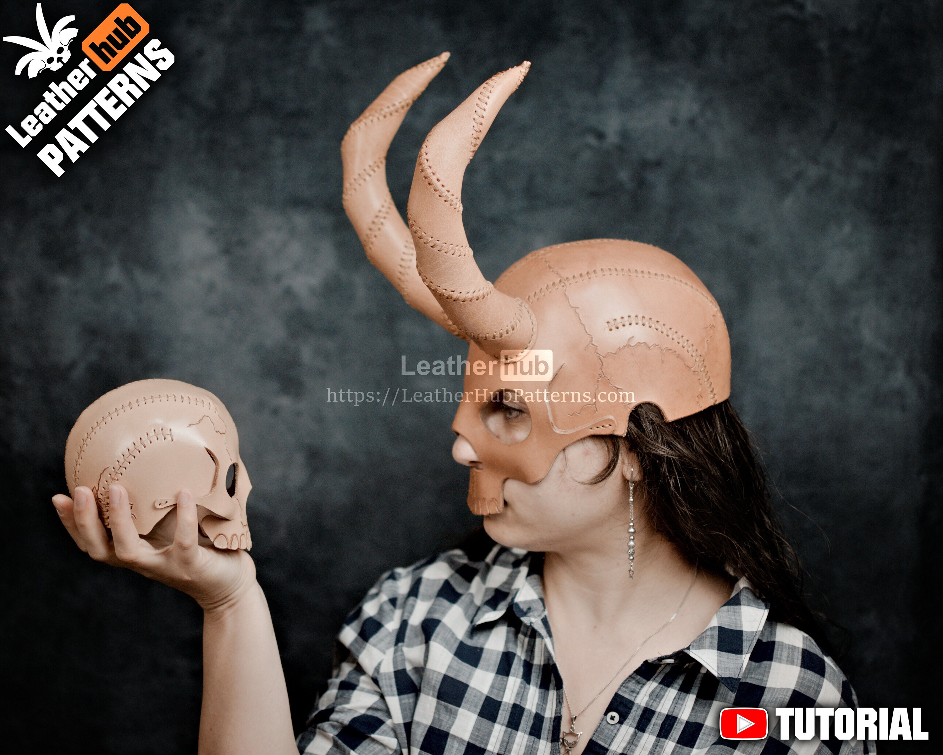 Skull mask leather pattern PDF with horns by Leatherhub