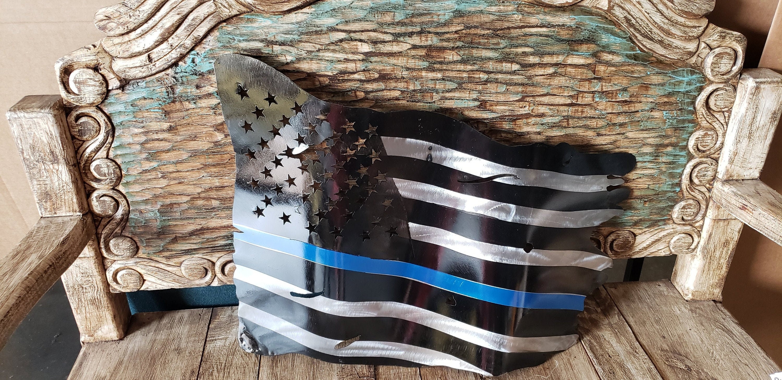 Thin Blue Line Tattered Flag | Police Officer Metal Wall Art ...