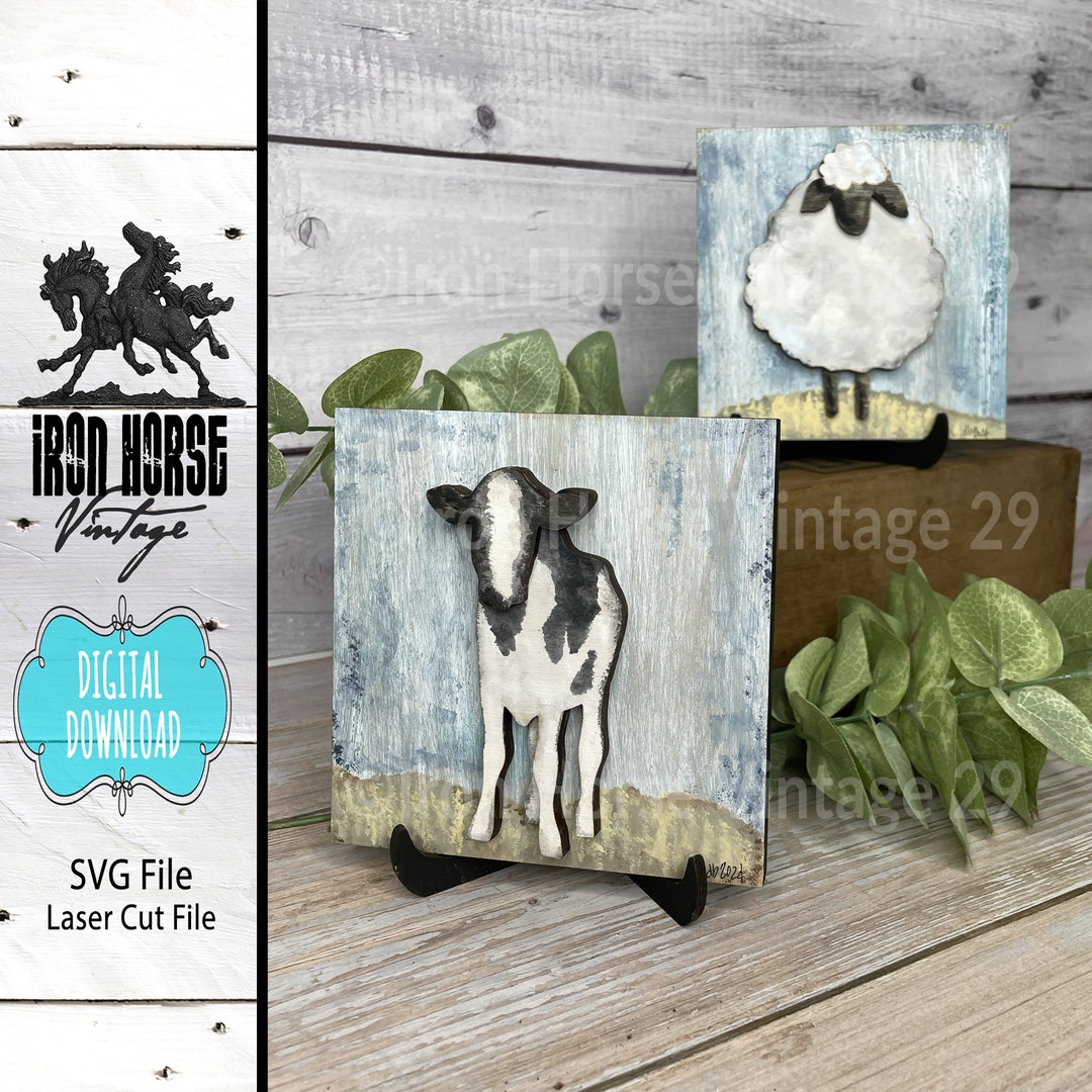 Primitive Style Blocks, Hand Painted Cow and Sheep With Easel ...