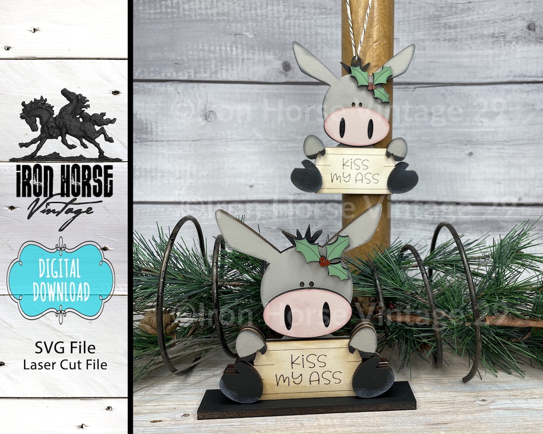 Sitting Donkey Christmas Ornament, Cute Donkey and Mistletoe, Donkey ...