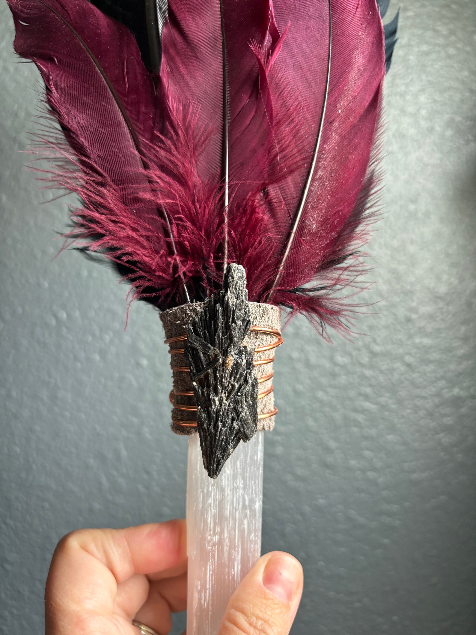 Large 15" Red Black Feather Black Kyanite Selenite Smudge Fan Altar ...