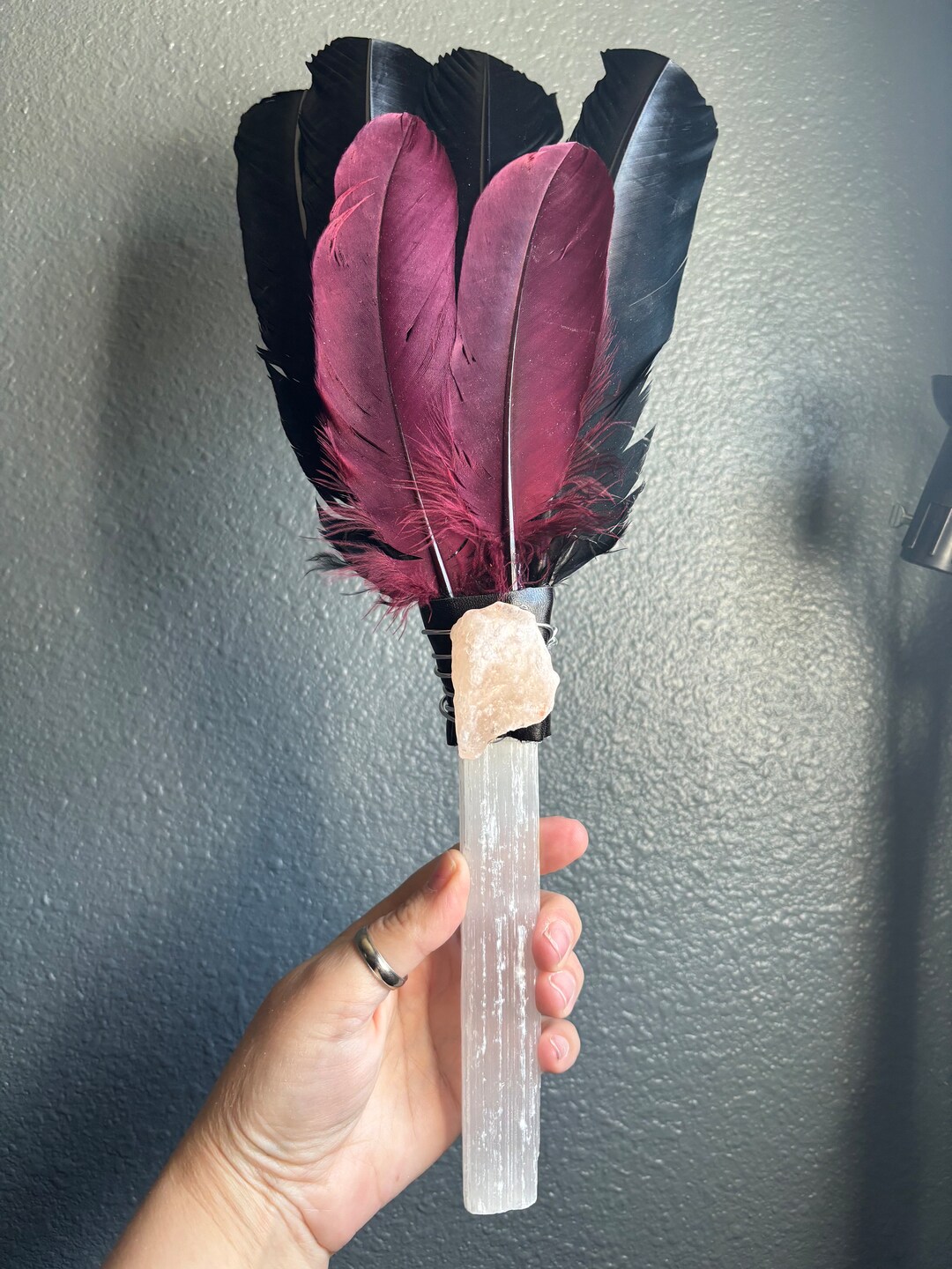 16” Black Burgundy Red Smudge Fan Selenite Himalayan Salt Altar Tools ...
