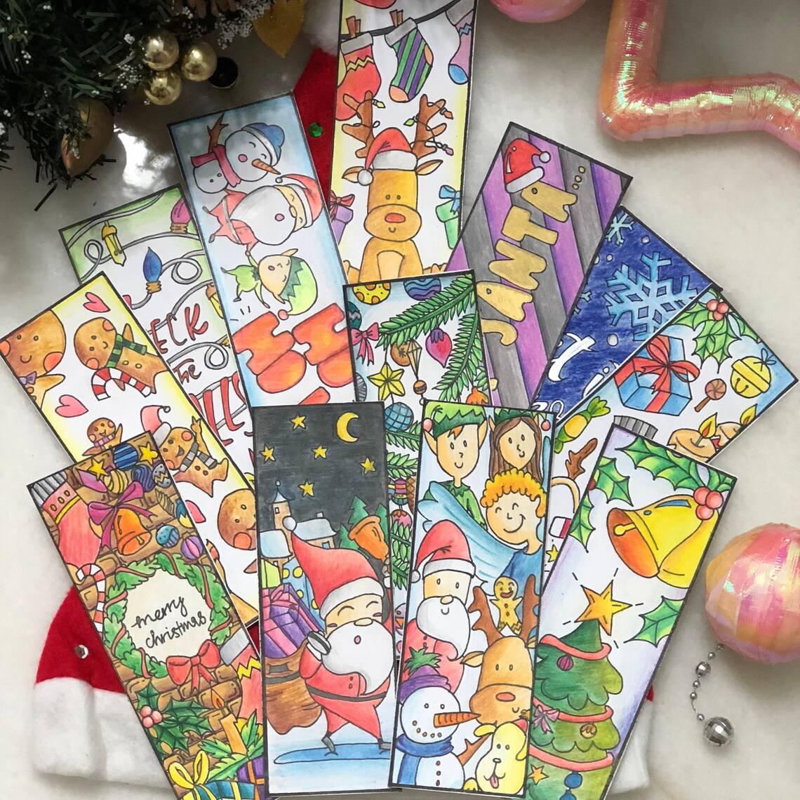 Set of 12 Pretty Christmas Coloring Bookmarks, Printable Christmas ...