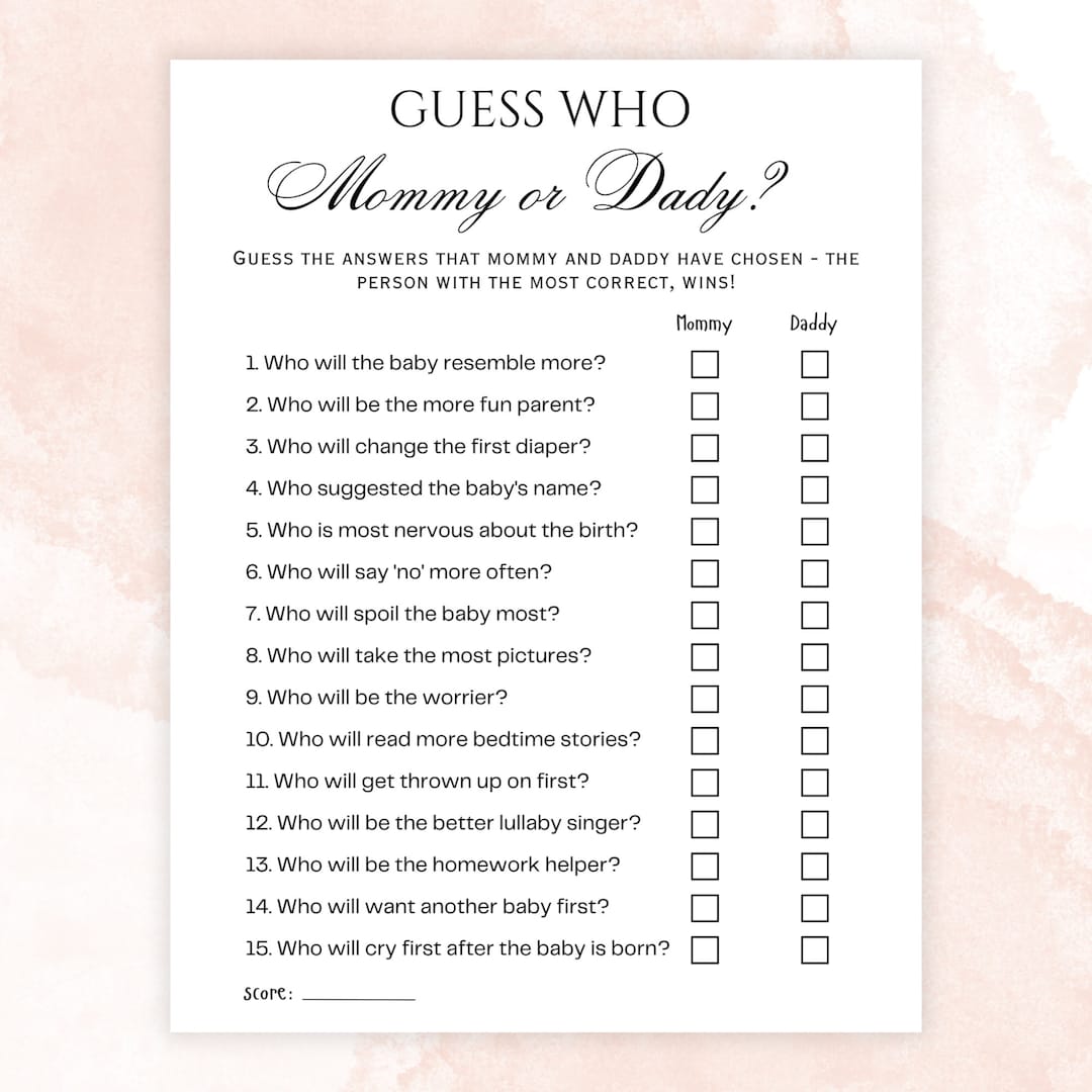 Guess Who Mommy or Daddy Baby Shower Game Questions, Baby Shower Party ...
