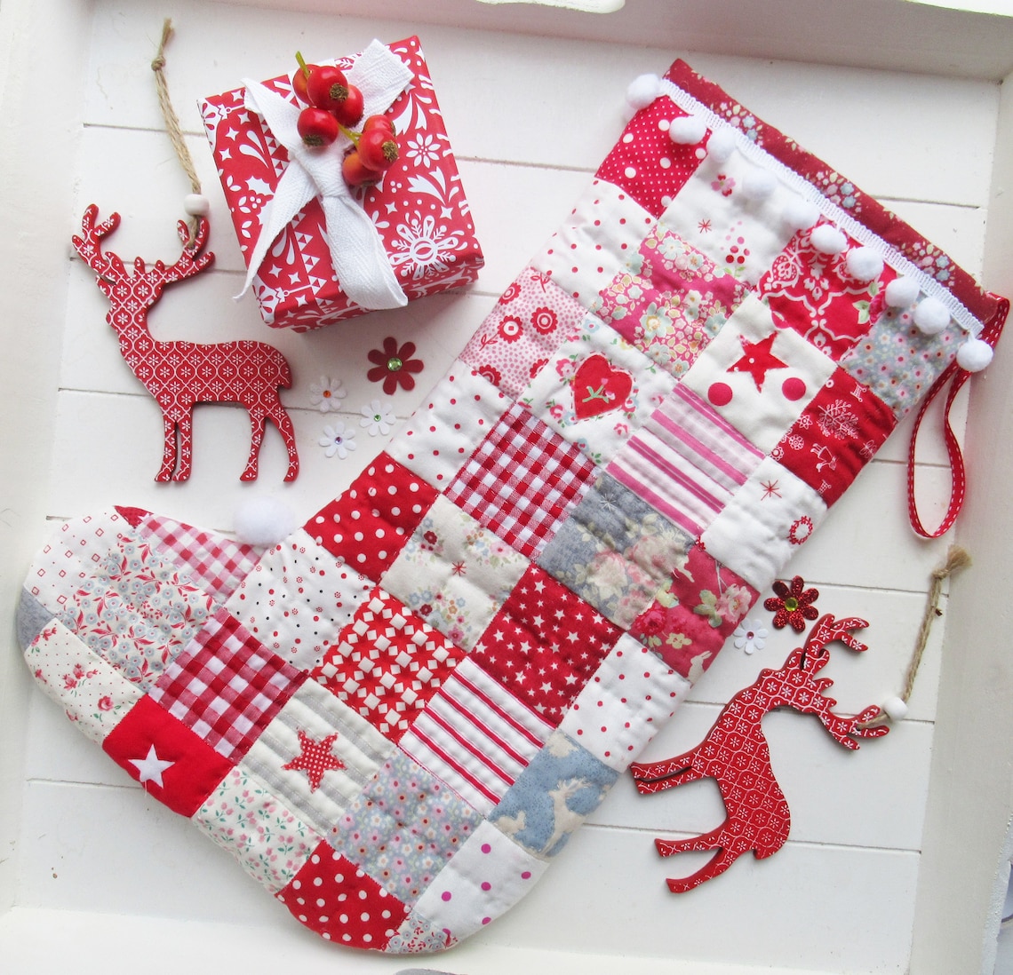Red Patchwork Christmas Stocking Pattern - Etsy
