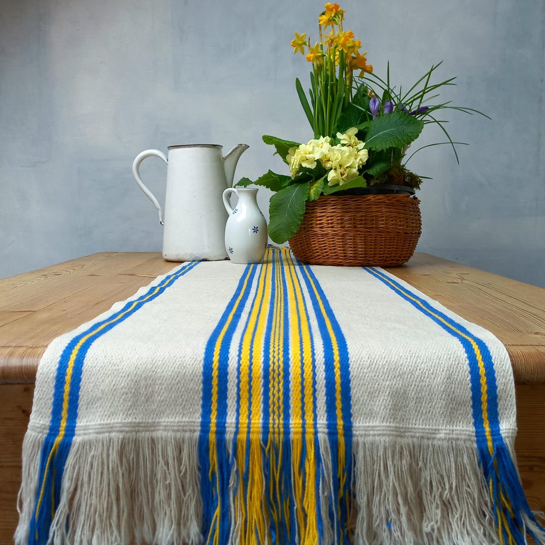 Vintage Swedish Woven Table Runner, Blue and Yellow Striped Fringed ...