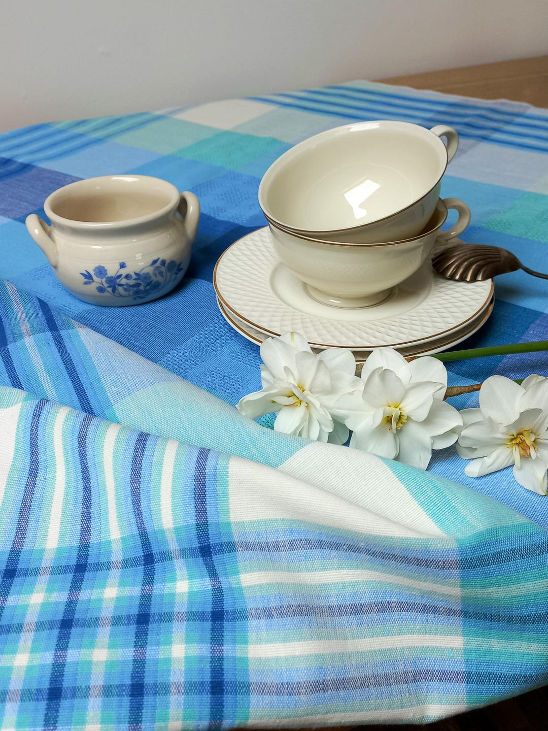 Vintage Swedish Cotton Plaid Tablecloth, Teal Turquoise Blue-green ...