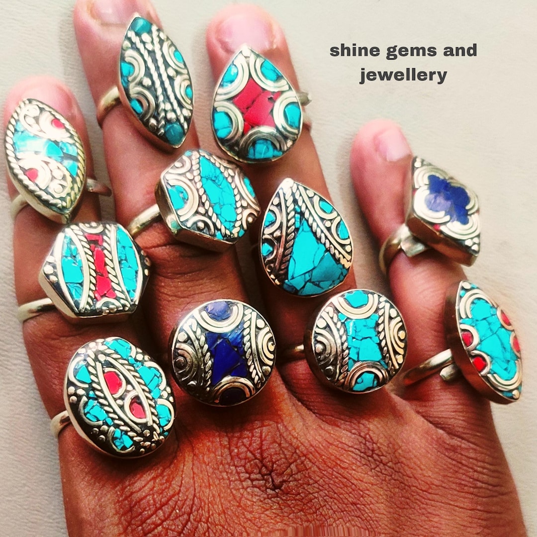 Silver Plated Adjustable Nepali Ring Lot: Turquoise, Lapis, Coral - Etsy