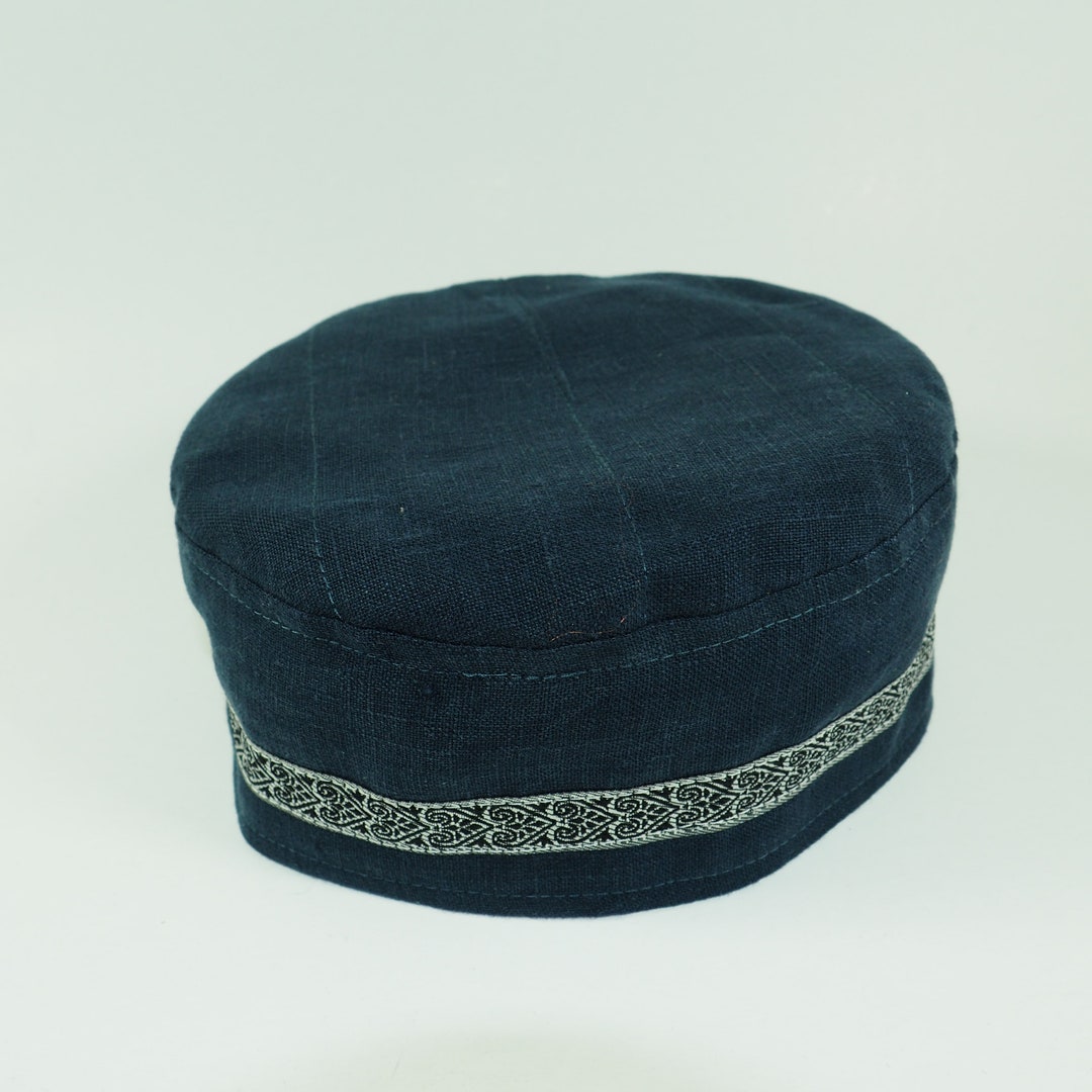 Men Navy Blue Linen Kufi Kipa Pillbox Taqiyah Fez Tubeteika Takke Kente ...