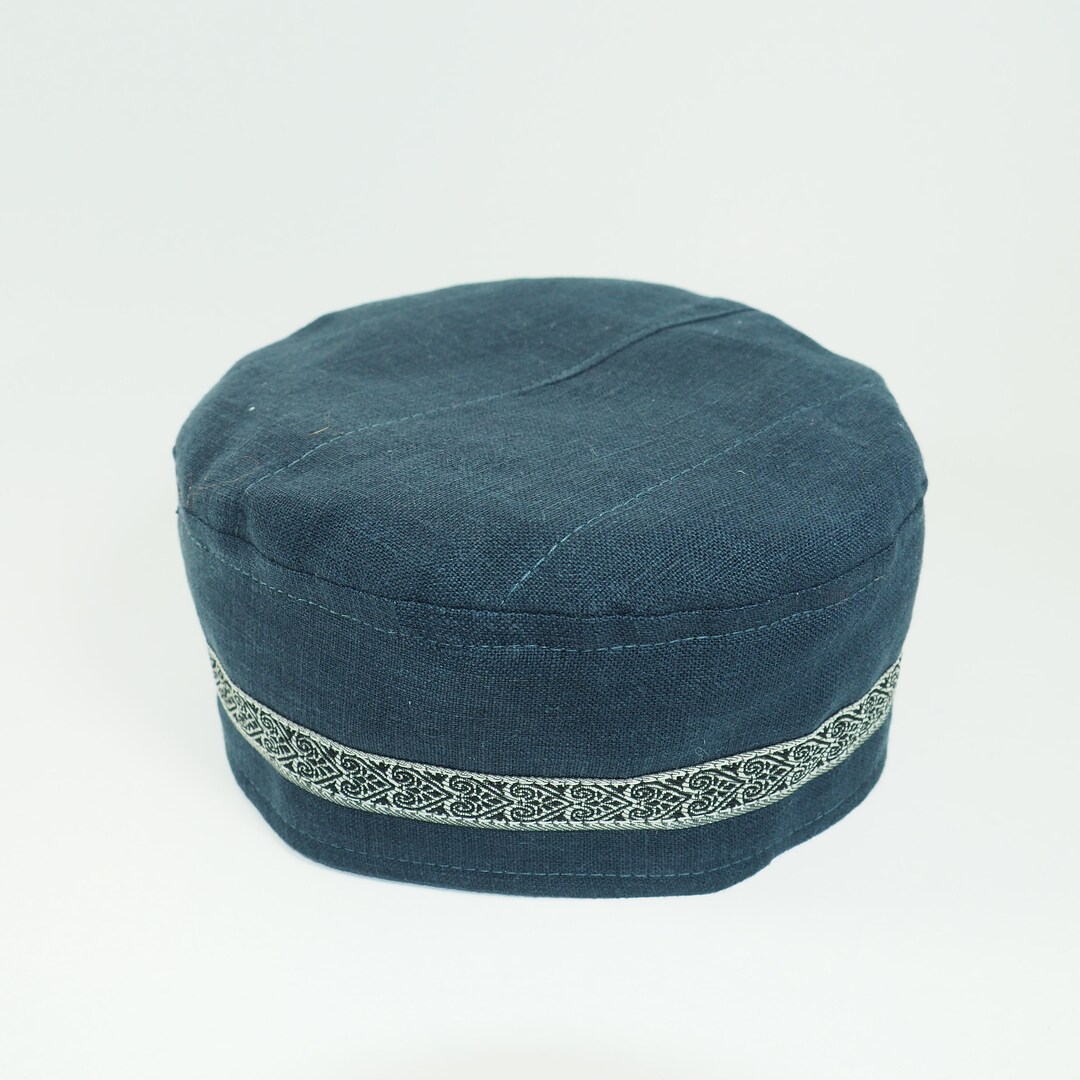 Men Navy Blue Linen Kufi Kipa Pillbox Taqiyah Fez Tubeteika Takke Kente ...