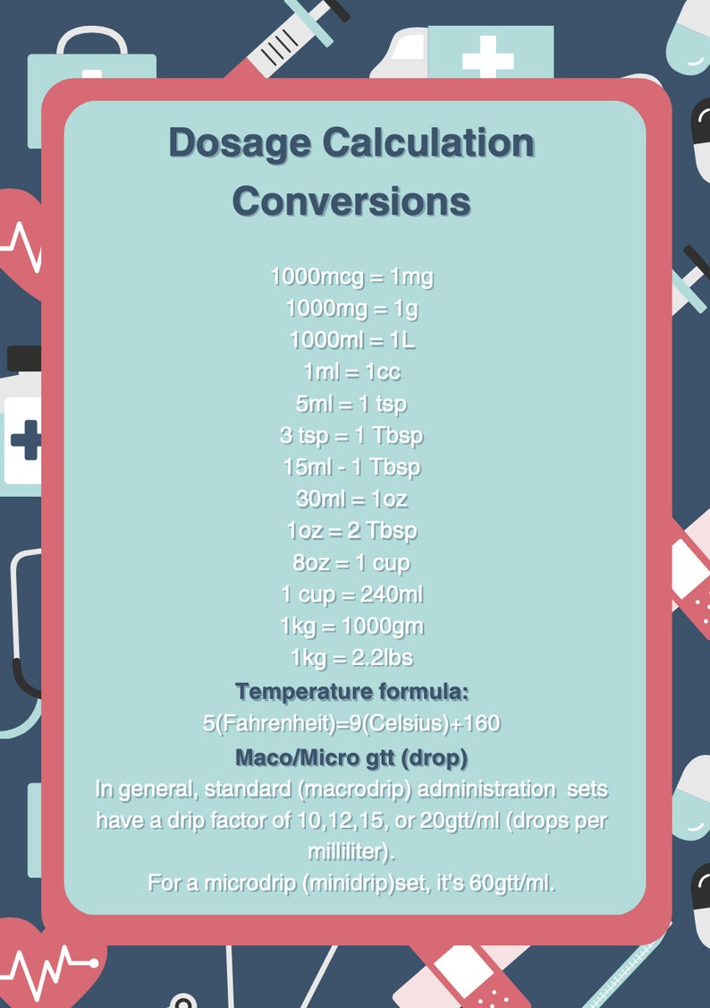Nursing Student Dosage Calculations Conversion Sheet Plus FREE Video Tutorials! - Etsy