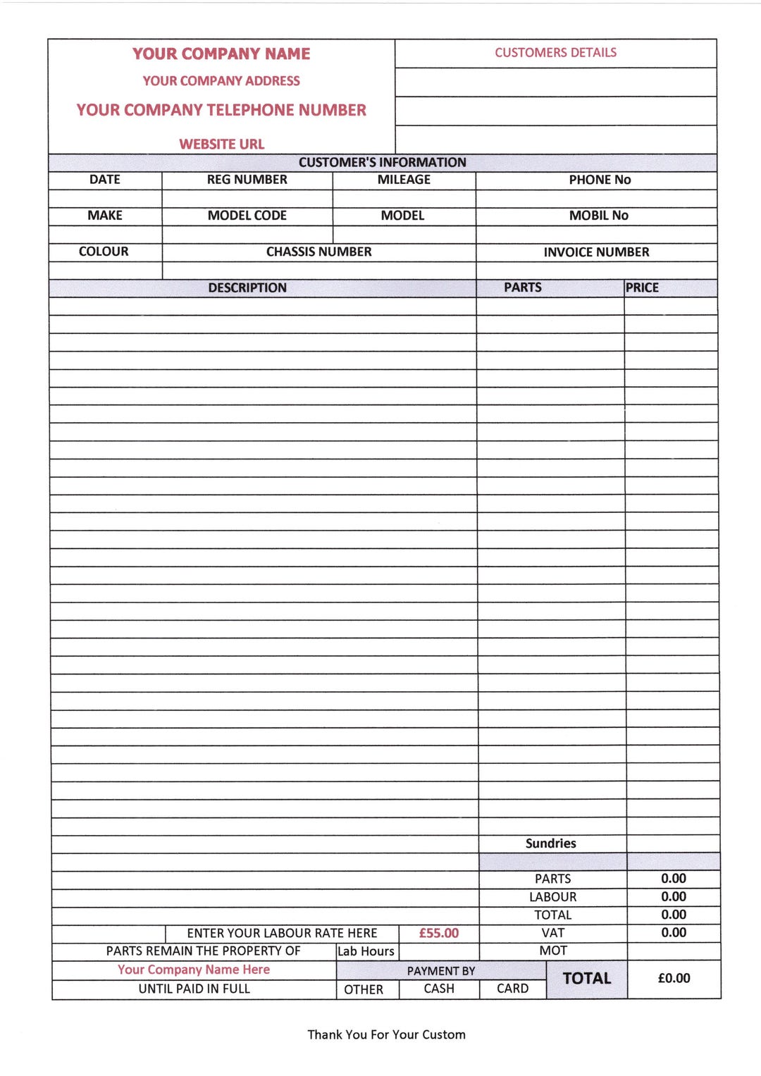 Workshop Repair Invoice Template | Auto VAT, Totals (editable Excel ...