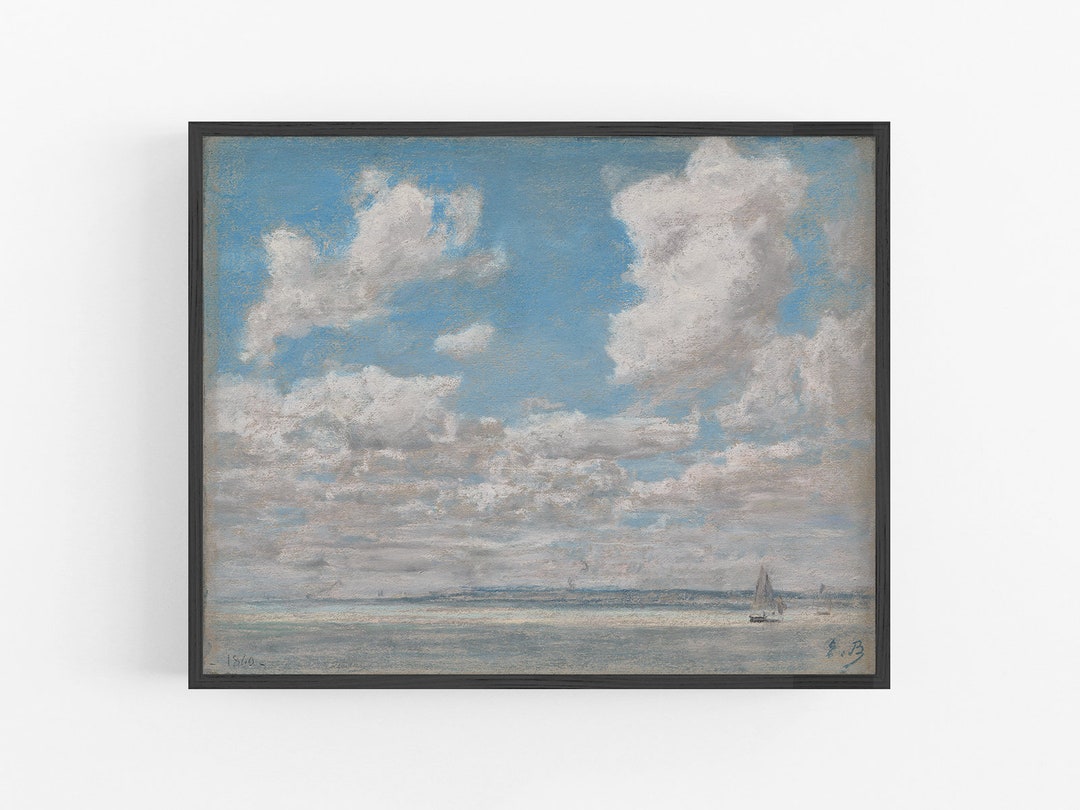 Seascape with open sky art print / ocean drawing / boat art / vintage ...