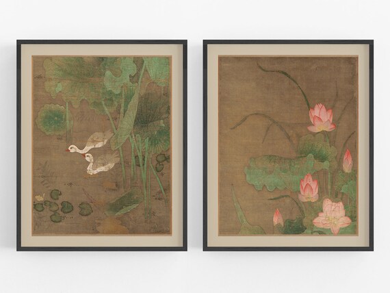 Set of Two Chinese Duck and Lotus Flower Art Prints / Vintage | Etsy
