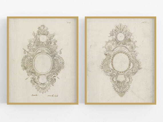 Set of Two European Medallion Drawing Art Prints / Vintage Art | Etsy