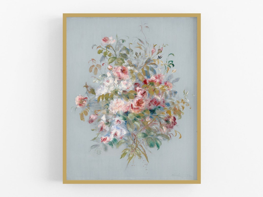 French Flower Bouquet Painting in Blue Colorway Art Print - Etsy