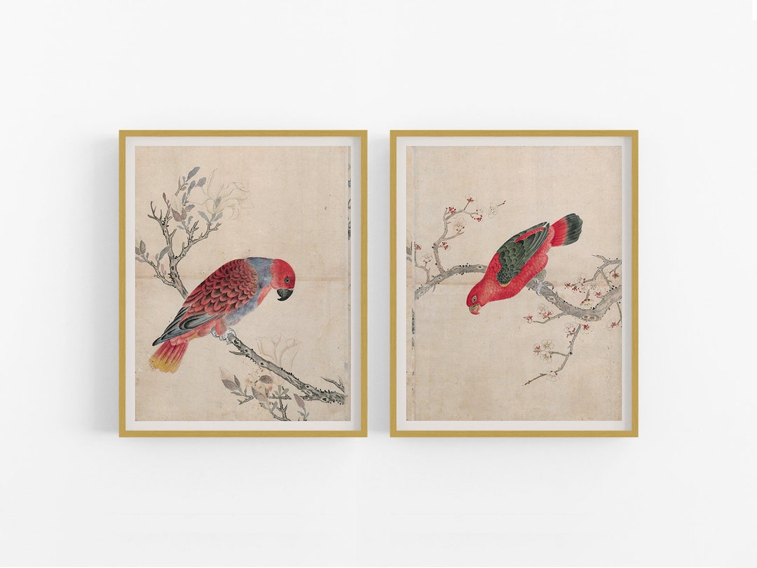 Japanese Parrot Art Prints in Reds - Set of Two - Etsy