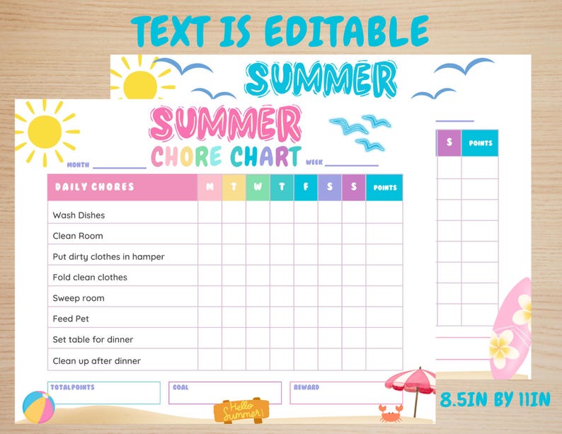 Editable Summer Chore Chart for Kids | Teen Chores | Daily Task ...