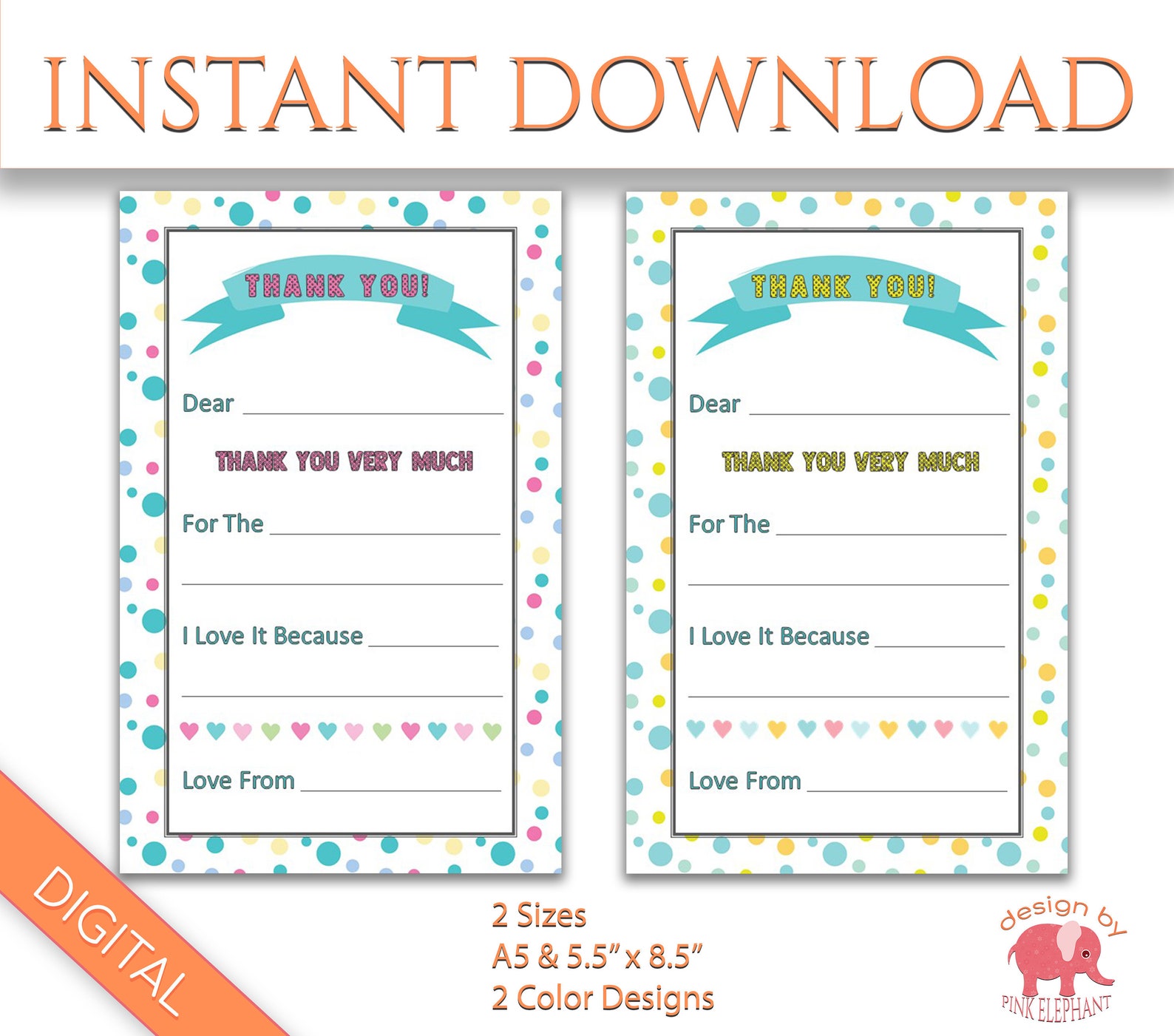 Thank You Card Printable Stationary, Kids Thank You Cards Digital ...